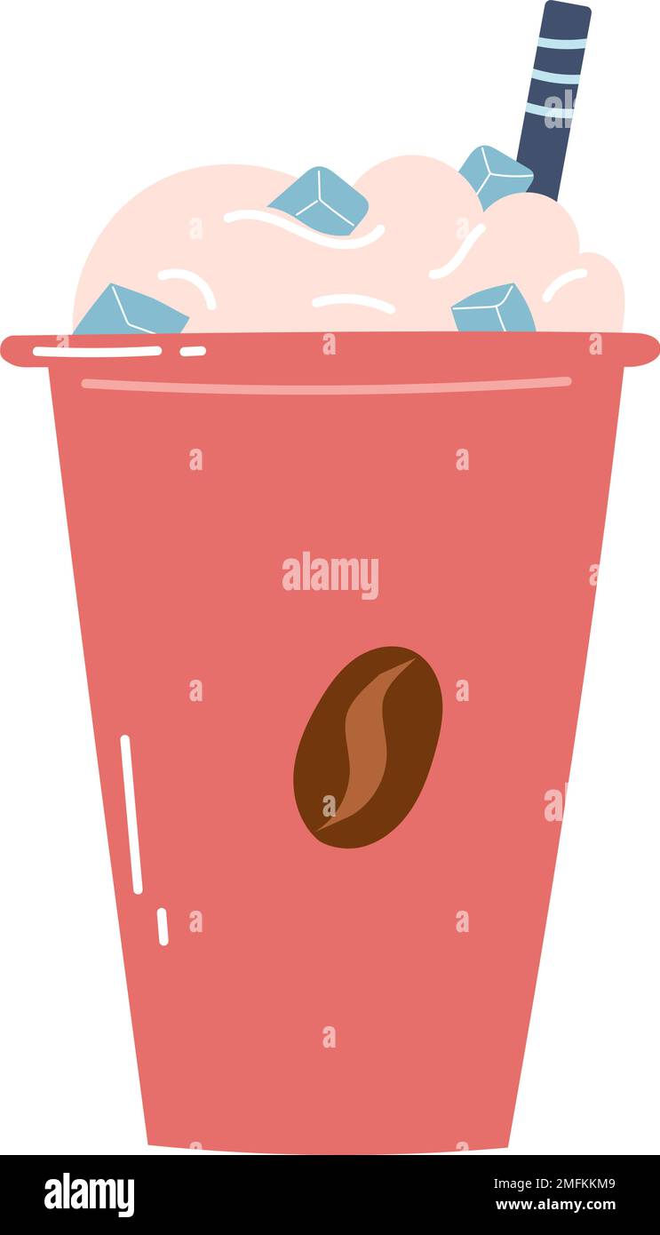 Iced coffee in paper cup with cream and straw. Flat hand drawn vector ...