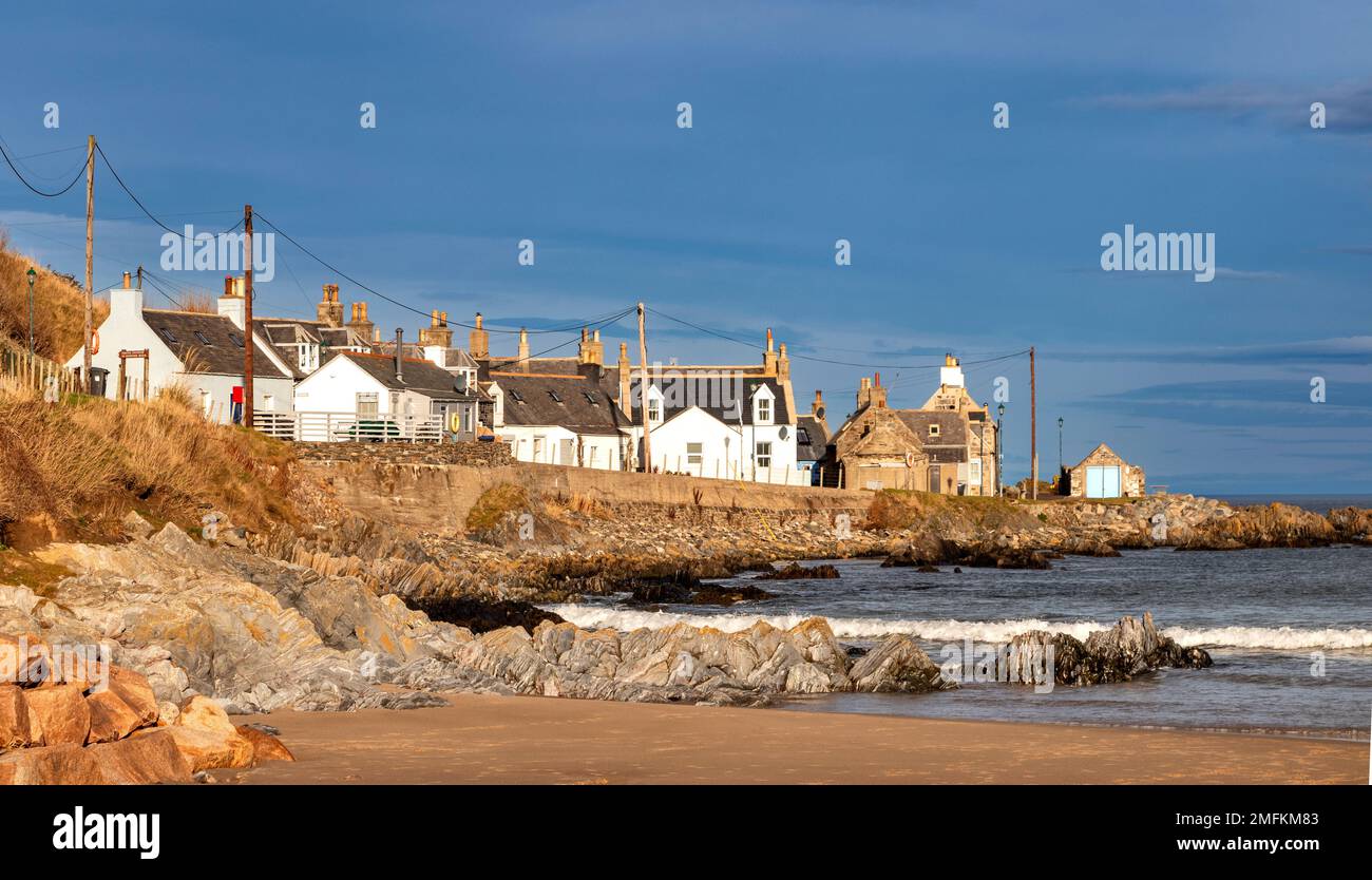 Sandend Aberdeenshire Scotland houses overlooking the bay beach rocks ...