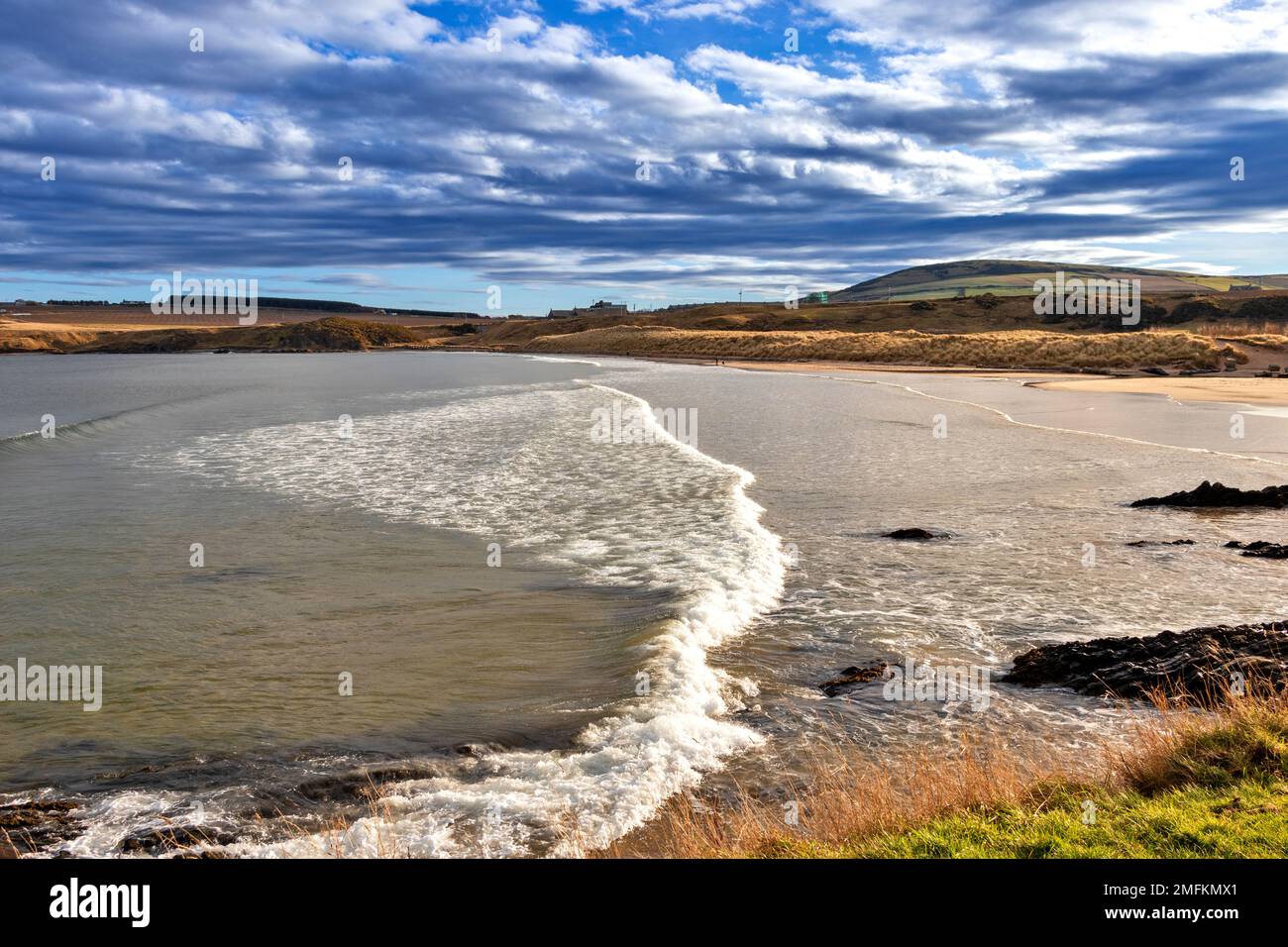 Sandend Aberdeenshire Scotland the bay the sea with breaking waves and ...