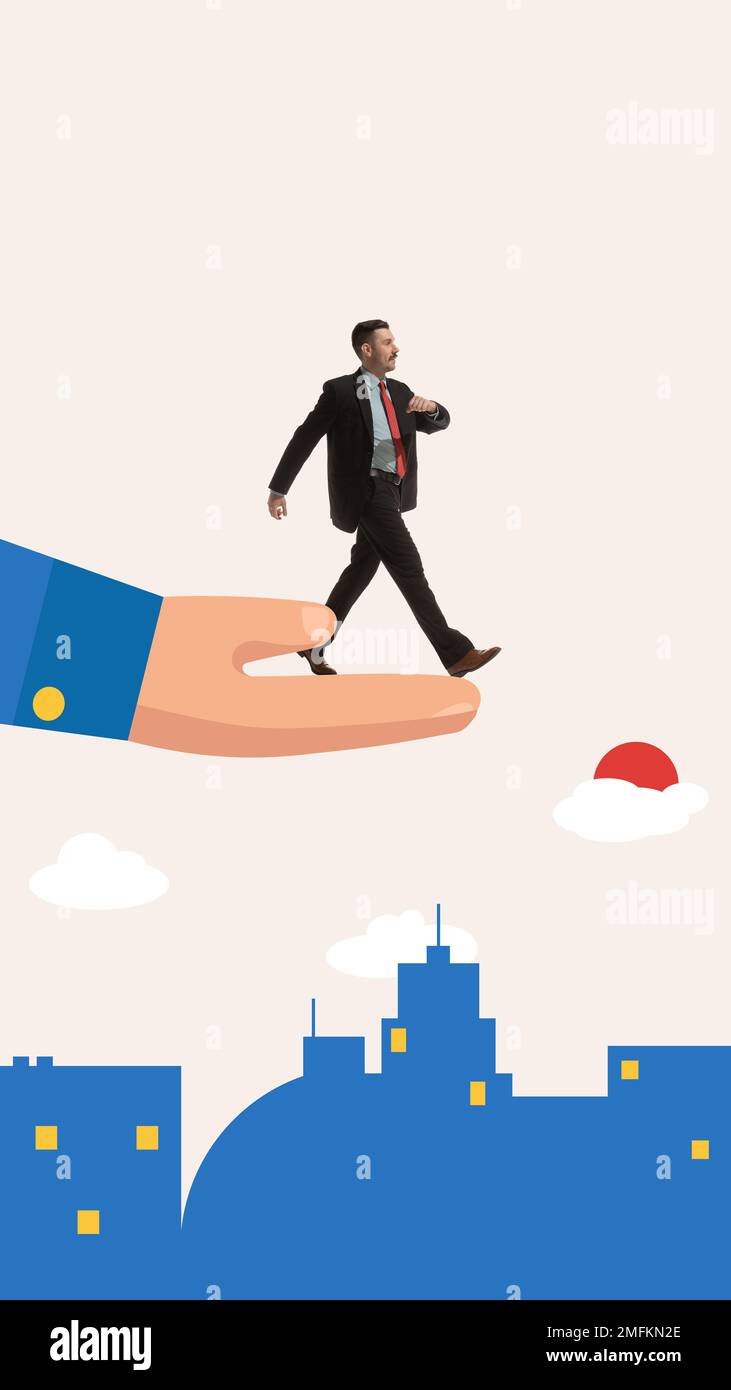 Contemporary art collage. Conceptual design. Businessman walking ...