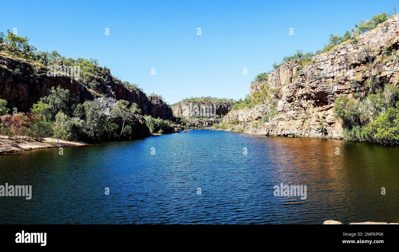 The beautiful Katherine River flowing through a rocky gorge on a sunny ...