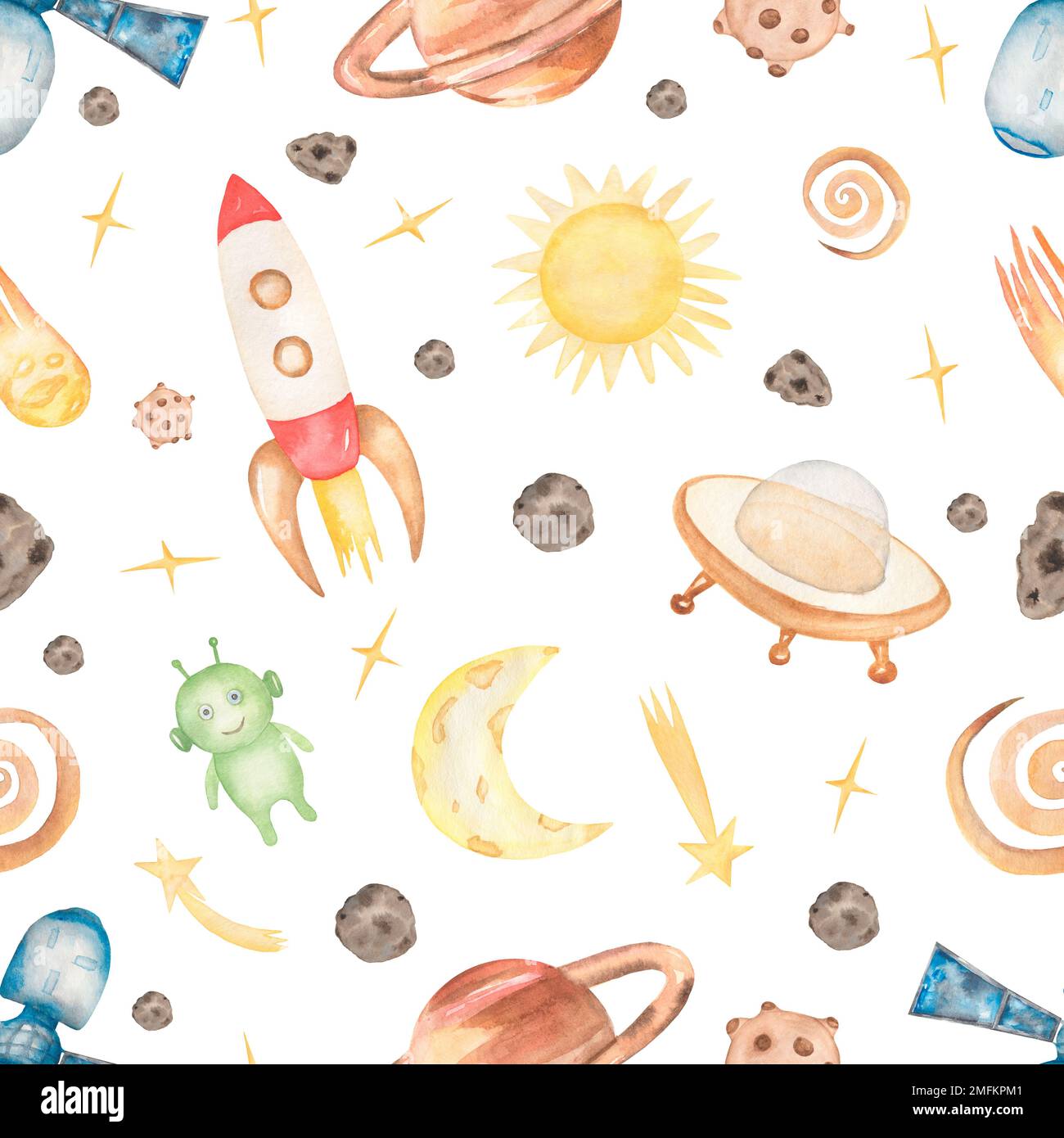 Watercolor Space seamless Paper, Planets, Star, Moon, Astronaut paper ...