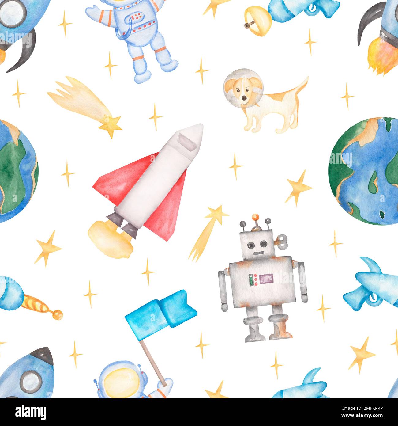 Watercolor Space seamless Paper, Planets, Star, Moon, Astronaut paper ...