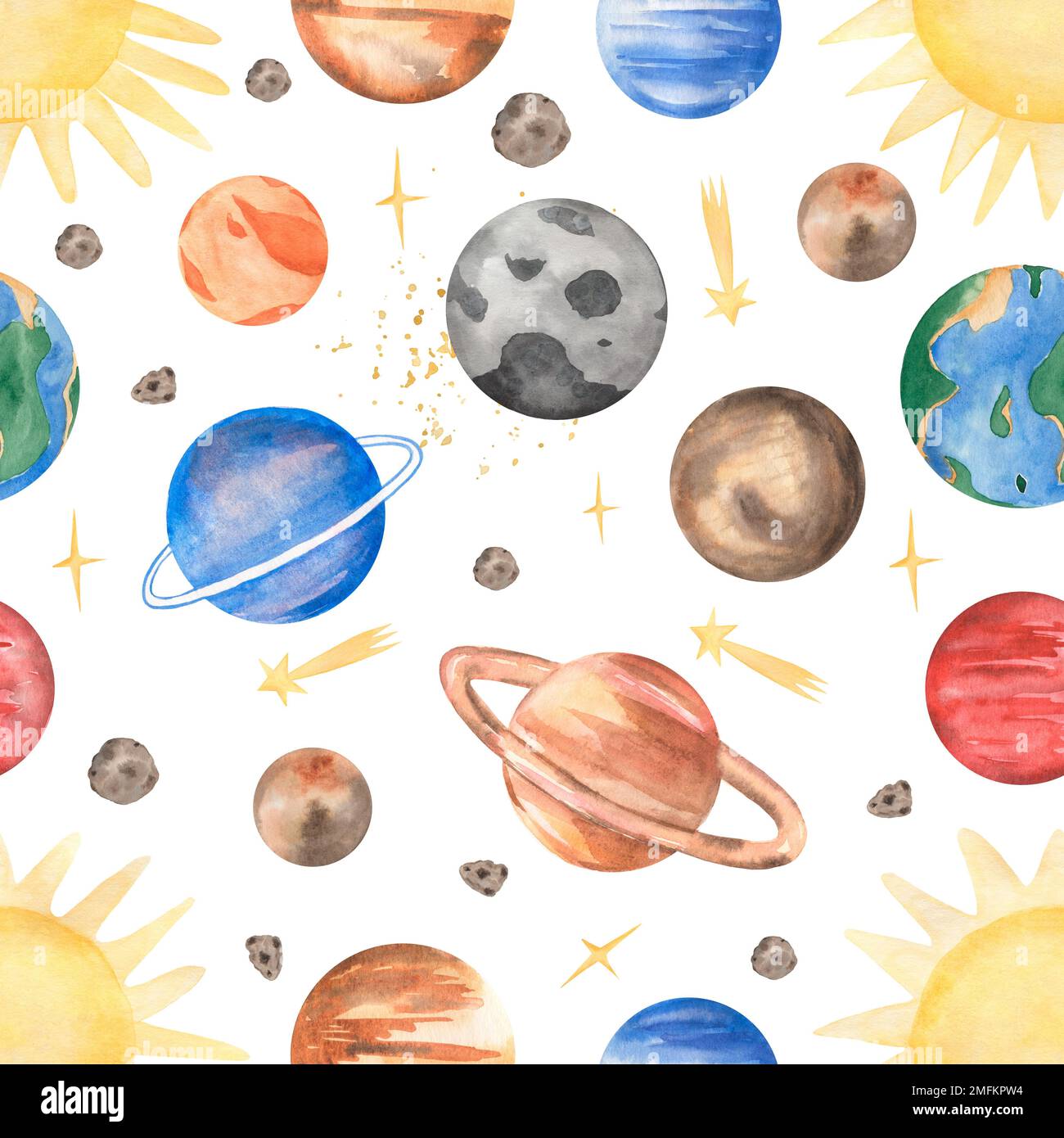 Watercolor Space seamless Paper, Planets, Star, Moon, Astronaut paper ...
