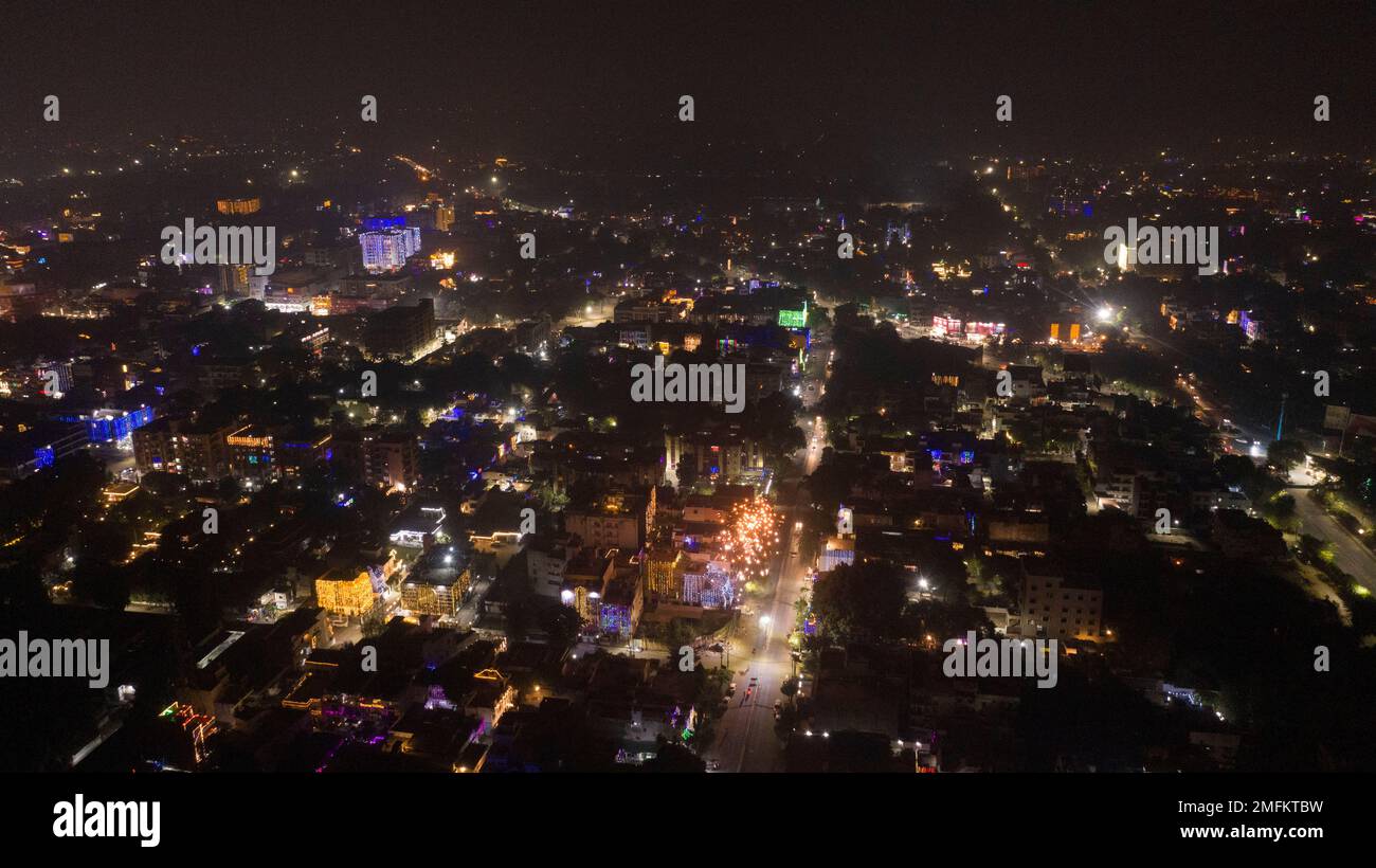 The city skyline is illuminated with lights during Diwali, the Hindu ...
