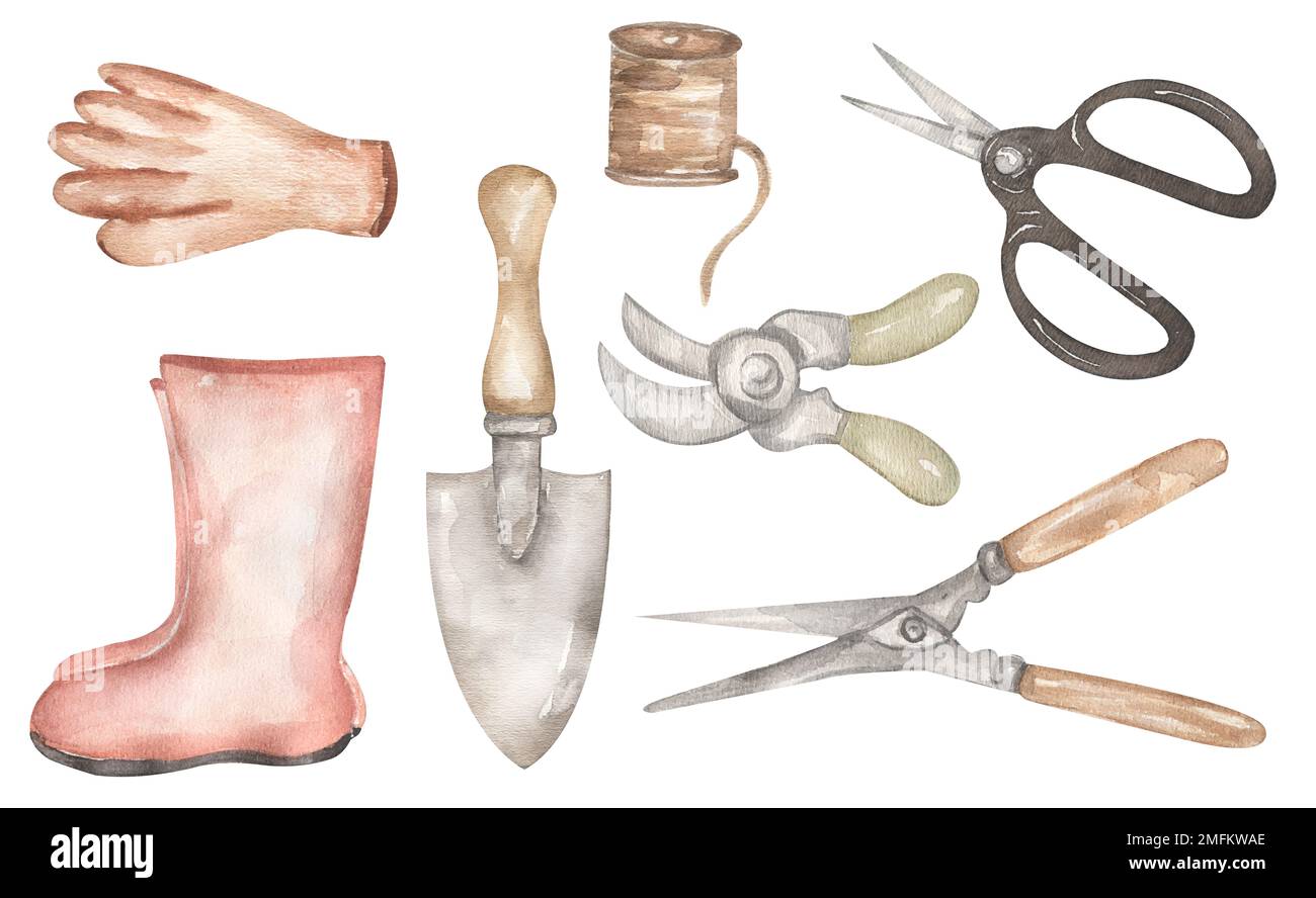 Watercolor hand drawn Gardening Clipart, Garden Scene Creator, tools ...