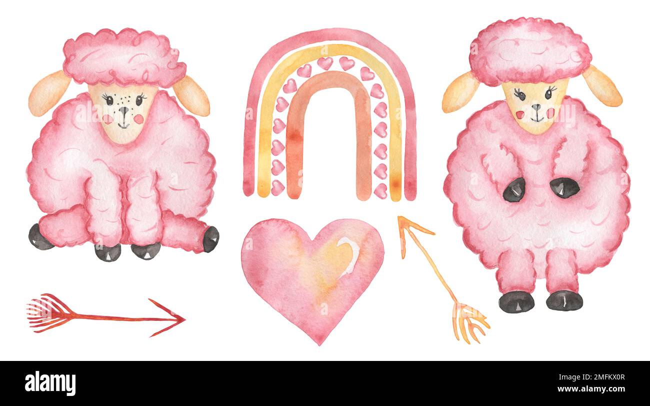 Pink Sheep Clipart, Watercolor Cute Love Day Lamb, Farm Animal clip art ...