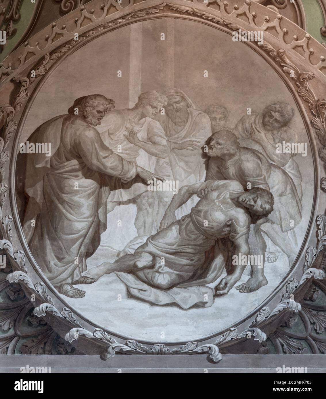 BIELLA, ITALY - JULY 15, 2022: The fresco of scene from life of St ...