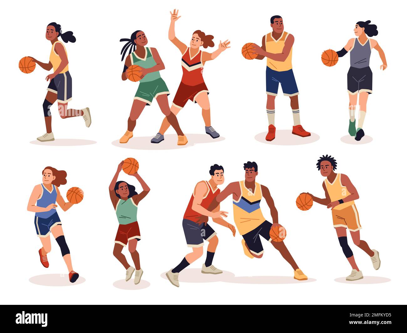 Female basketball players. Cartoon athletes in uniforms, men and women ...