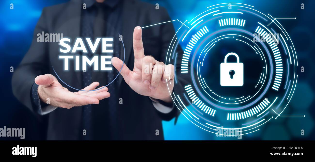 Sign displaying Save Time. Word Written on to do something more efficiently such that less time ...