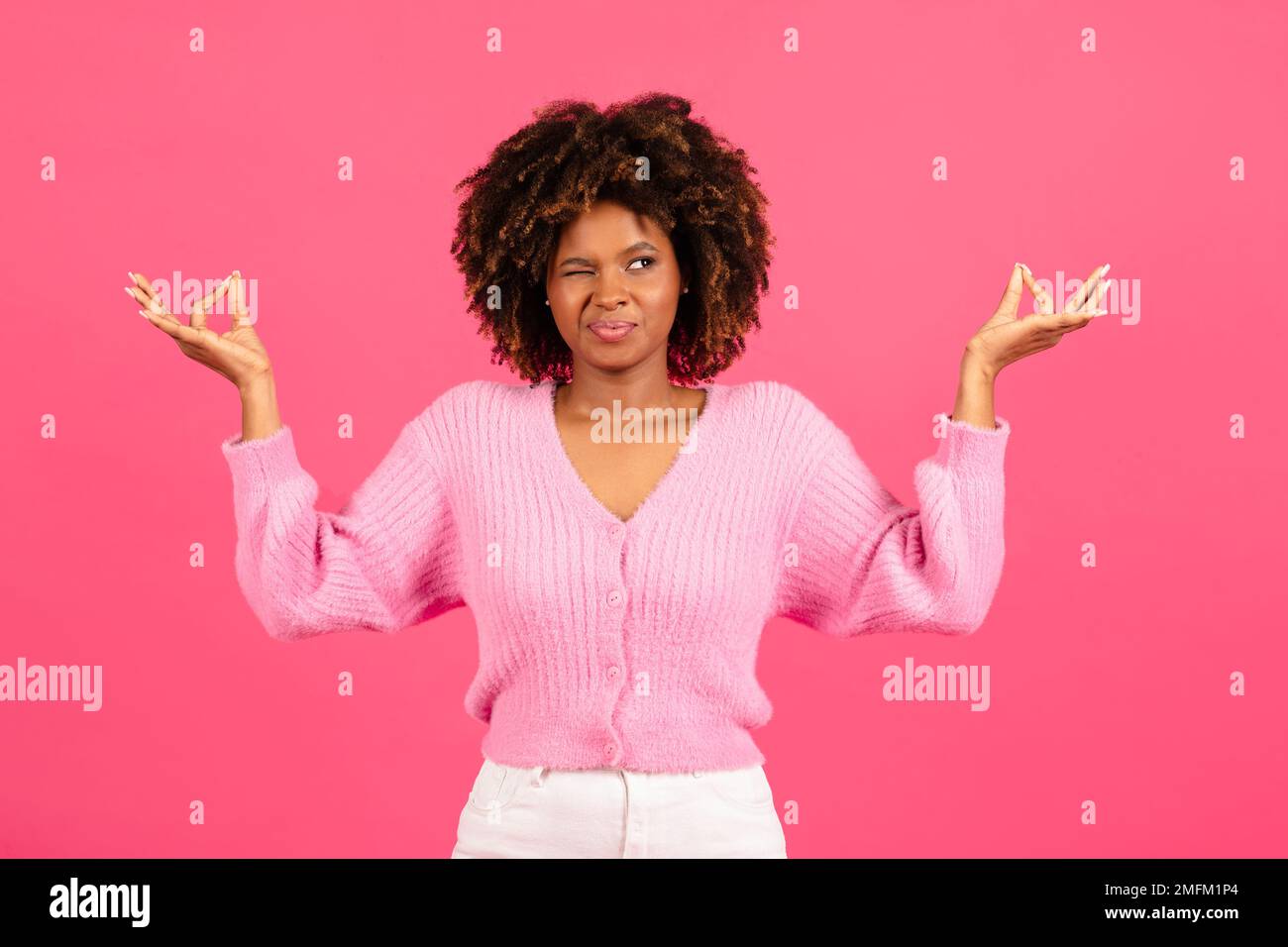 Confuse cheerful funny millennial african american curly woman in ...