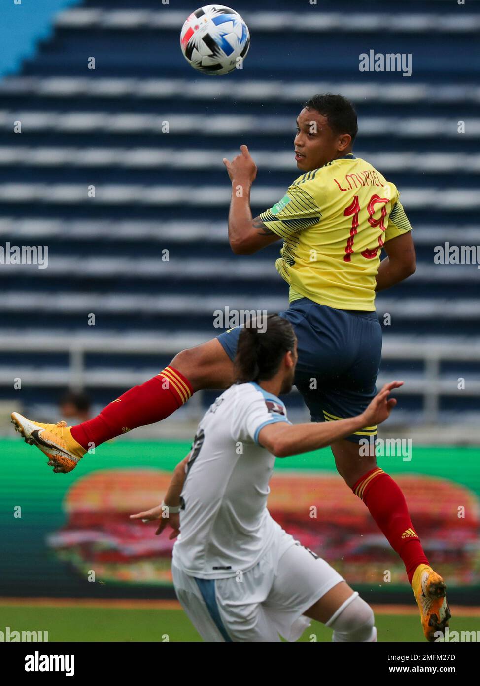 Colombia's Luis Muriel heads the ball during a qualifying soccer match ...