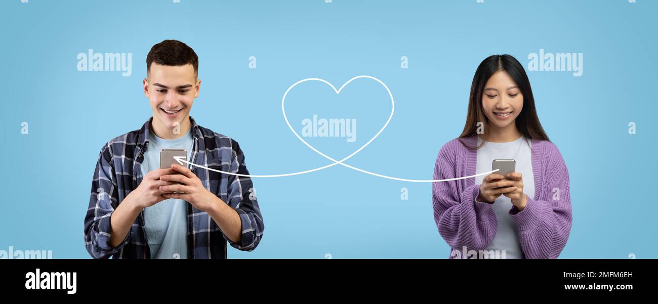 Dating Application. Couple Texting On Smartphones Connected With Drawn ...