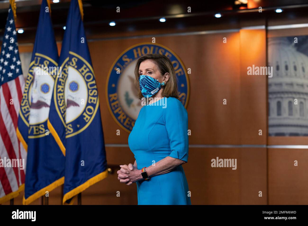 Speaker of the House Nancy Pelosi, D-Calif., pauses as she meets with ...