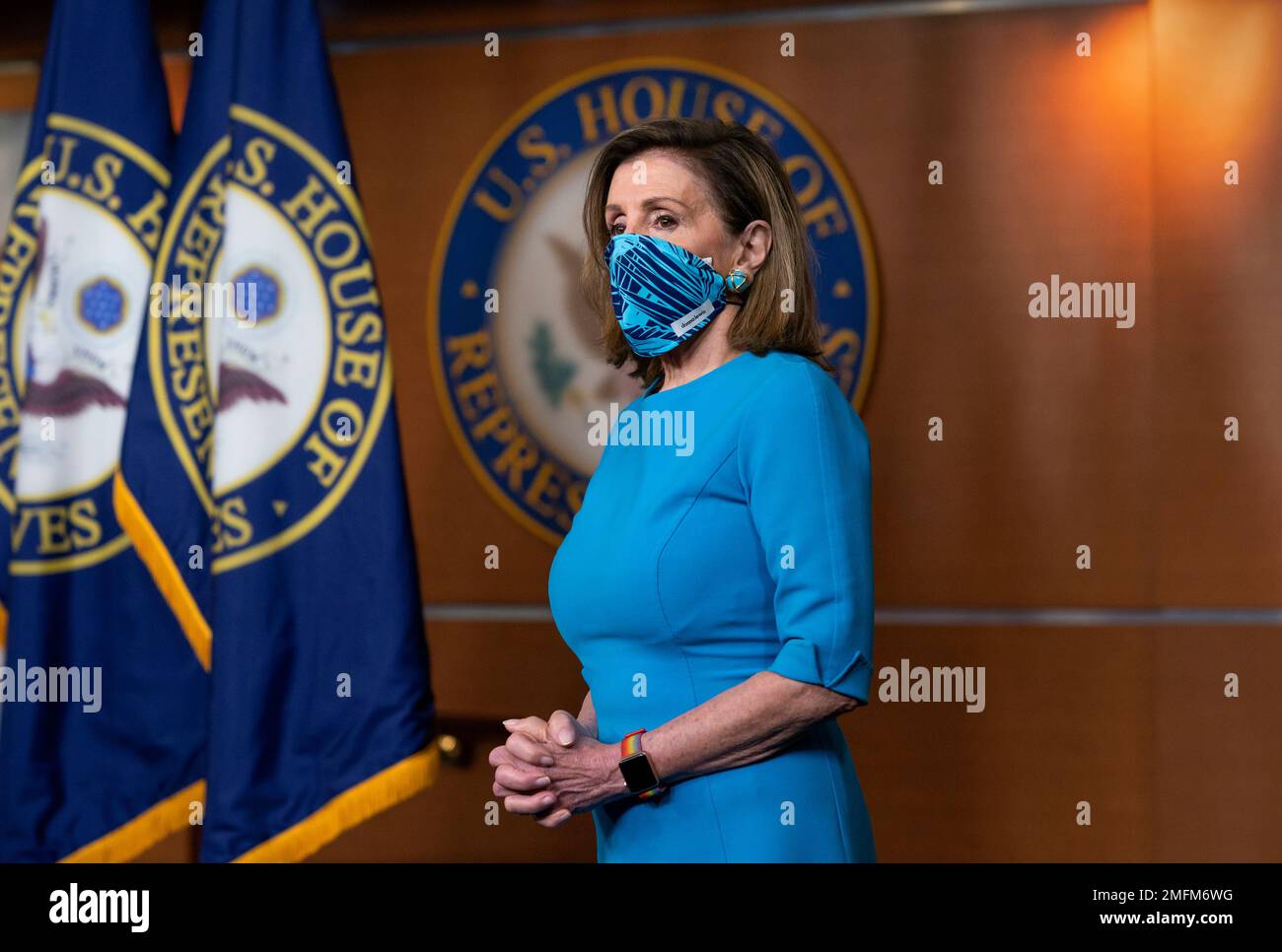 Speaker of the House Nancy Pelosi, D-Calif., pauses as she meets with ...