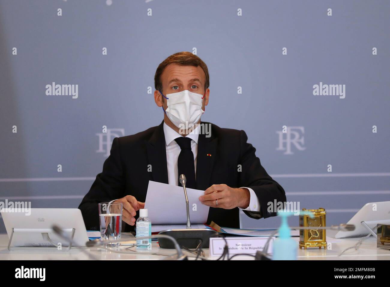 France's President Emmanuel Macron attends a defence council, at the ...