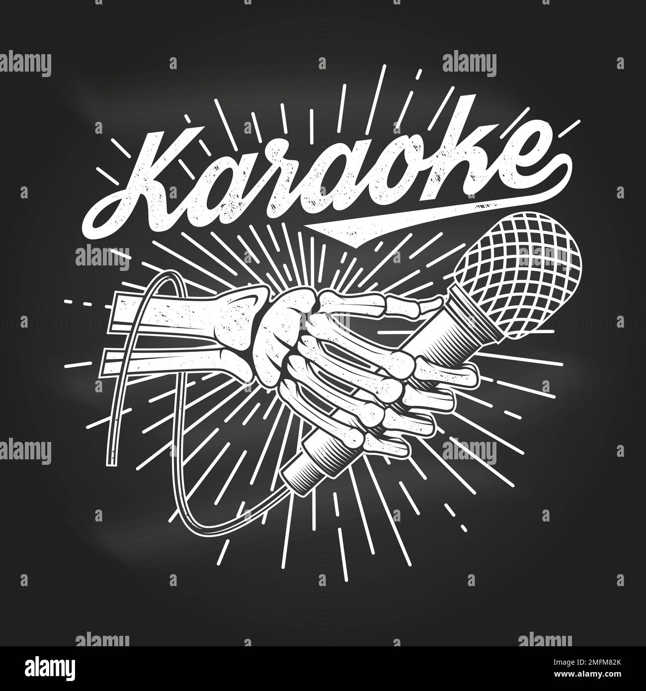 Karaoke party poster, banner on chalkboard. Skeleton hand with retro ...