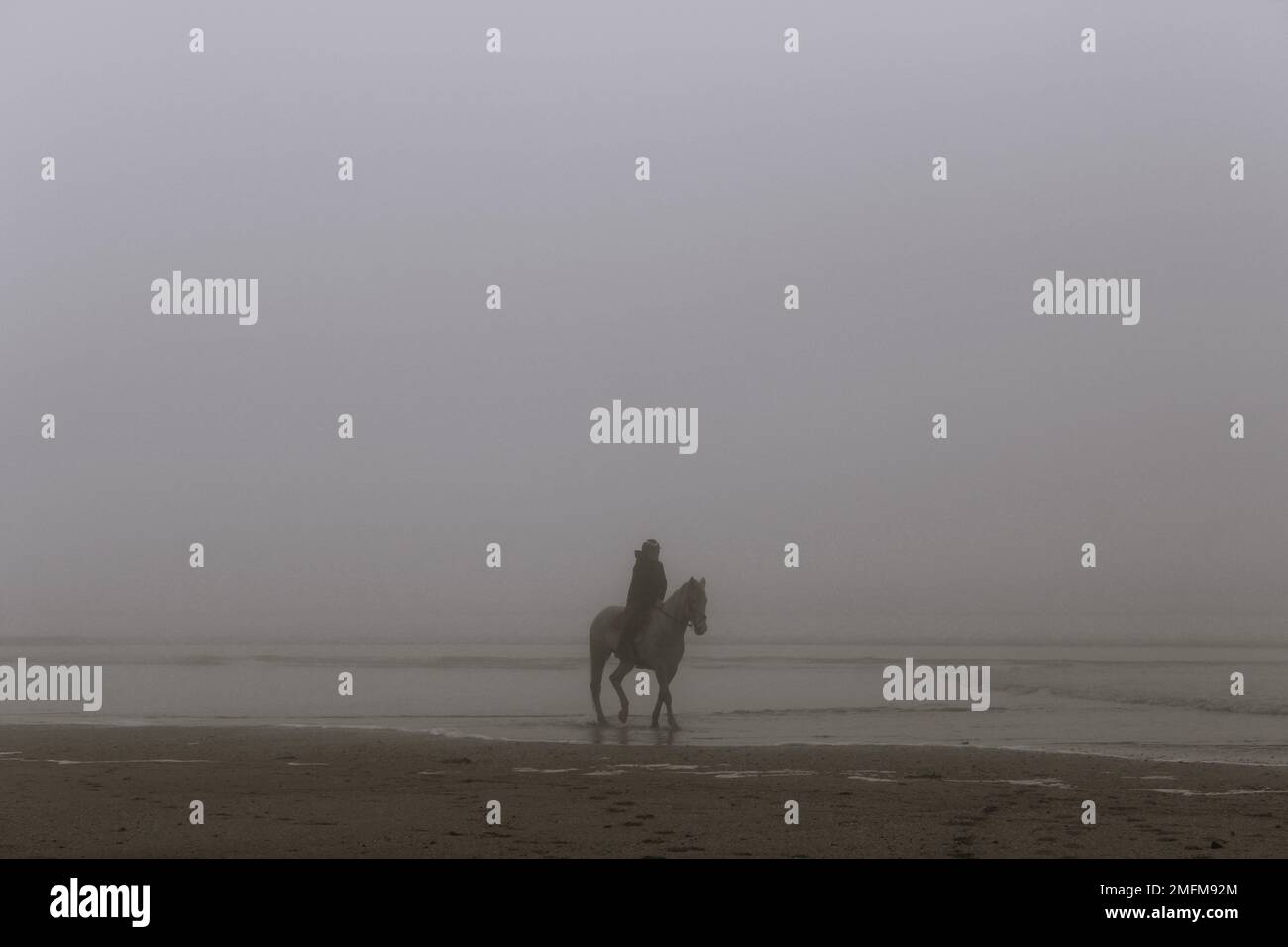 Lone horseback rider at the seashore on an overcast winters day (Inch ...