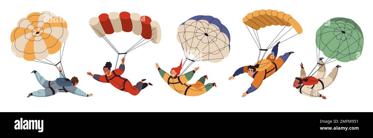 Cartoon skydivers characters. Cute guys and girls with open parachutes ...