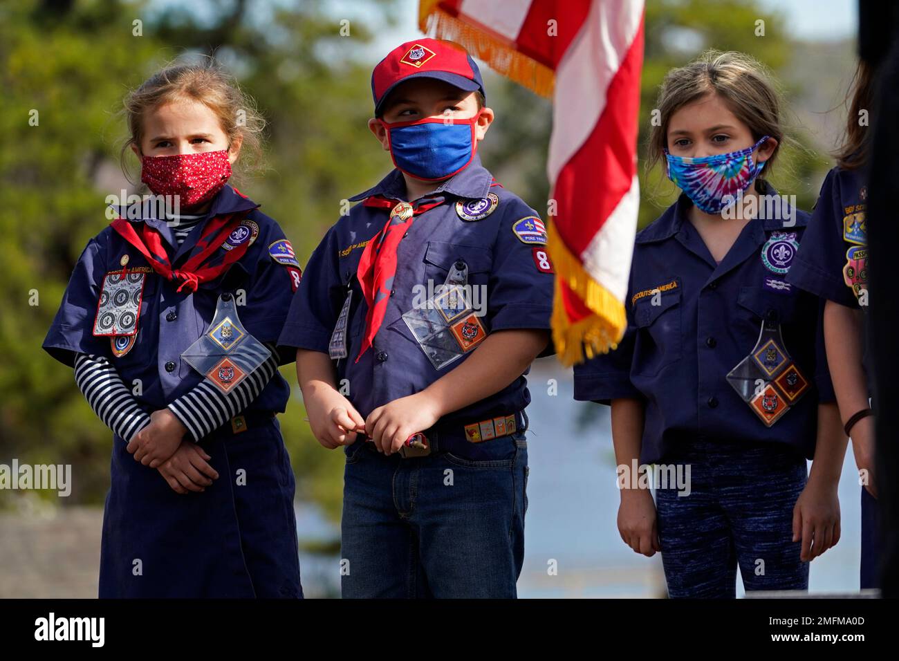 Members of Scouts BSA, Troop 874 wear face coverings to help prevent ...