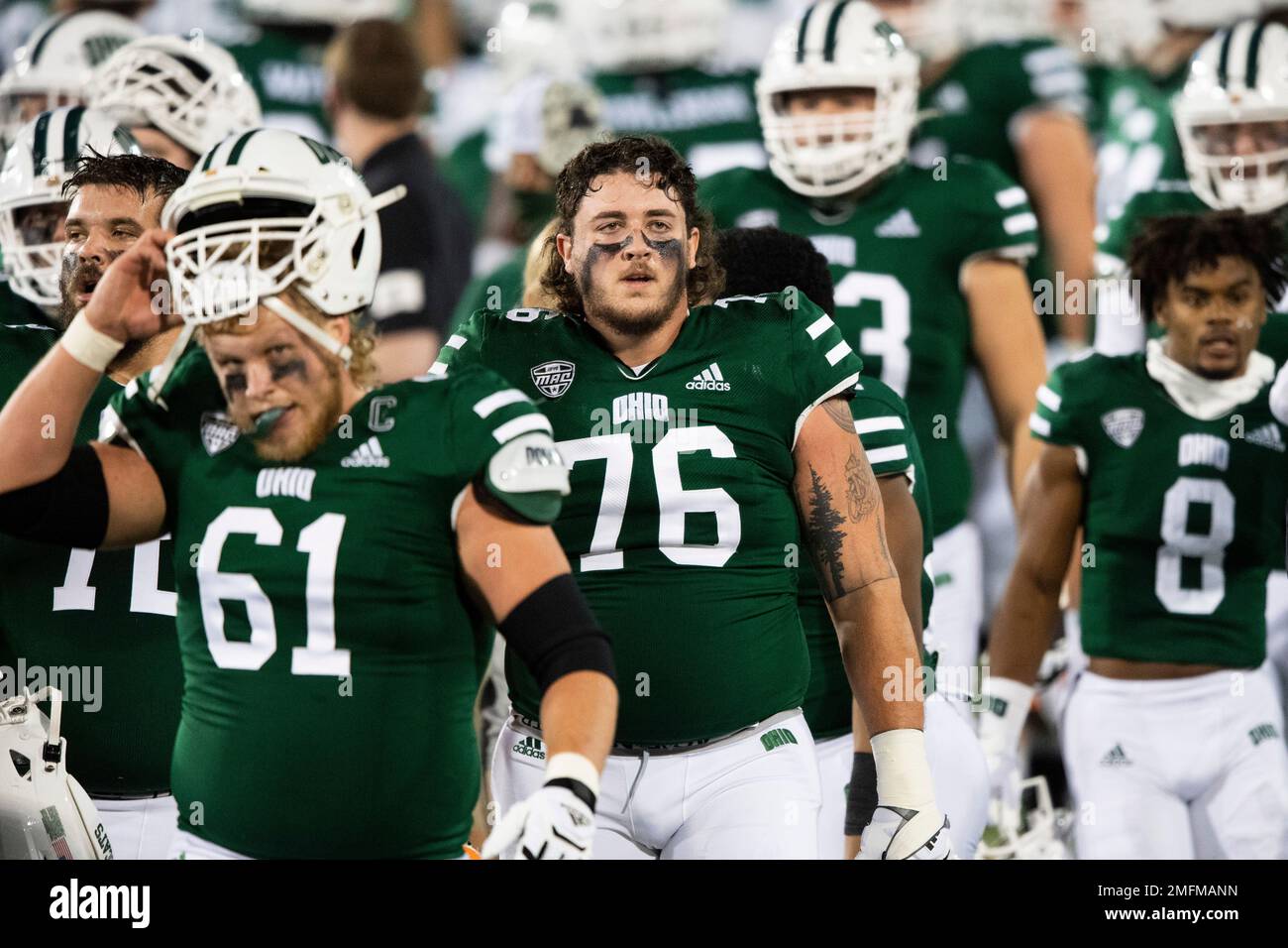 Ohio Bobcats offensive lineman Hagen Meservy (76) looks on from the ...