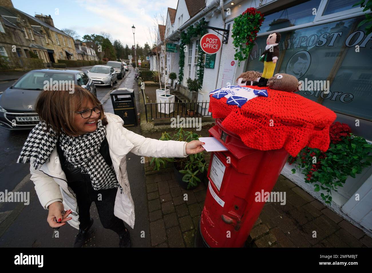 A knitted topper celebrating Burns Night placed on a post box in ... A knitted topper celebrating Burns Night placed on a post box in ...