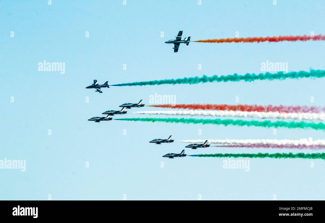 tricolor braids of the Italian military aviation, flight during an ...