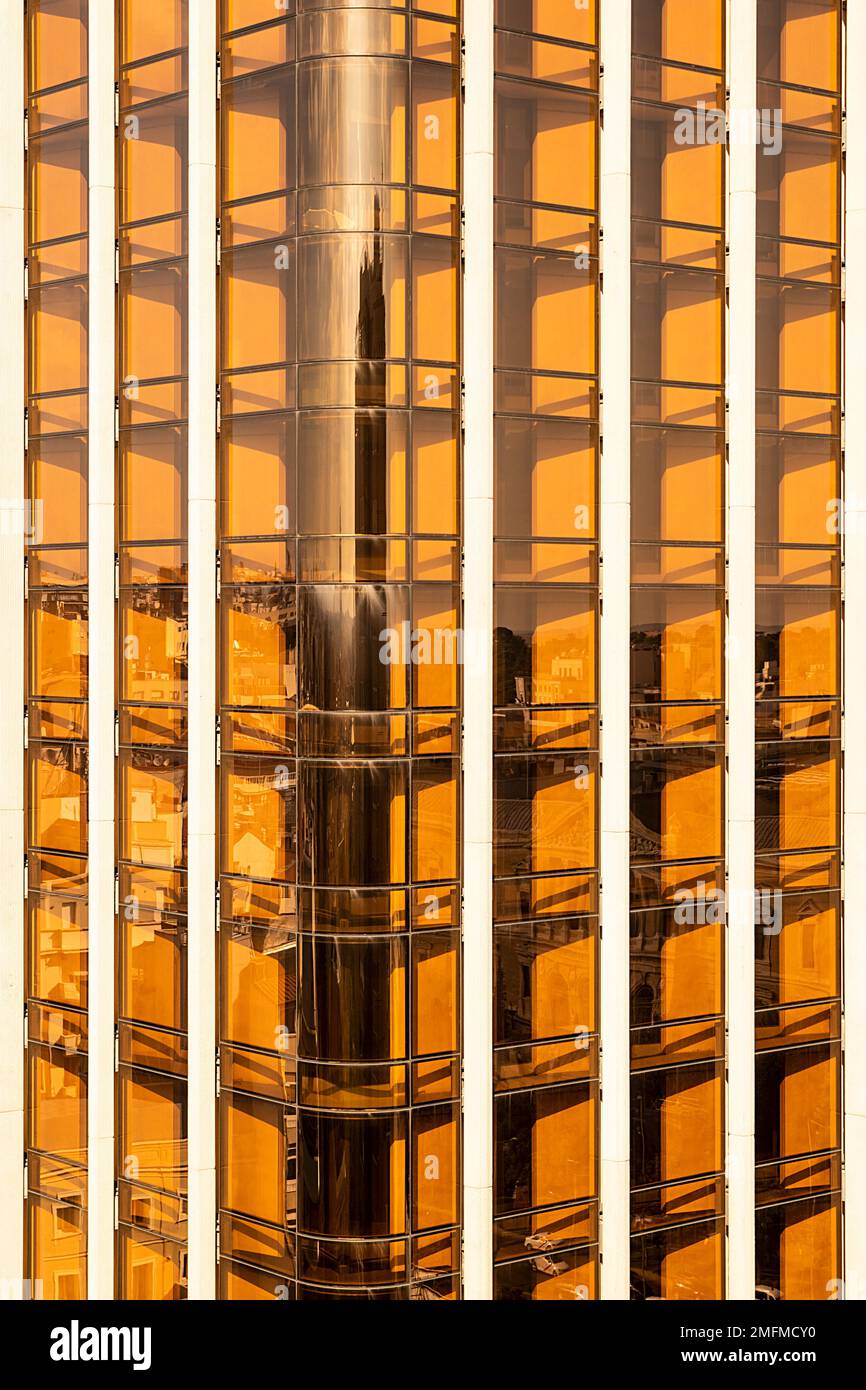Orange glass facade of a Madrid office building that no longer exists ...