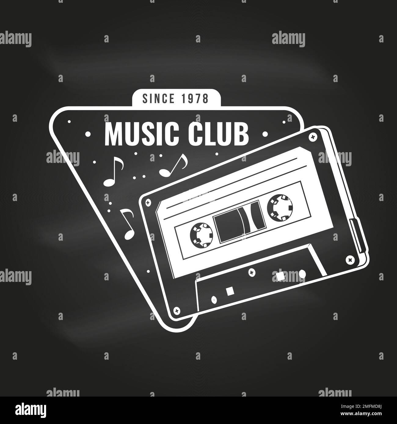 Music club logo, badge, label on chalkboard. Retro poster, banner with ...