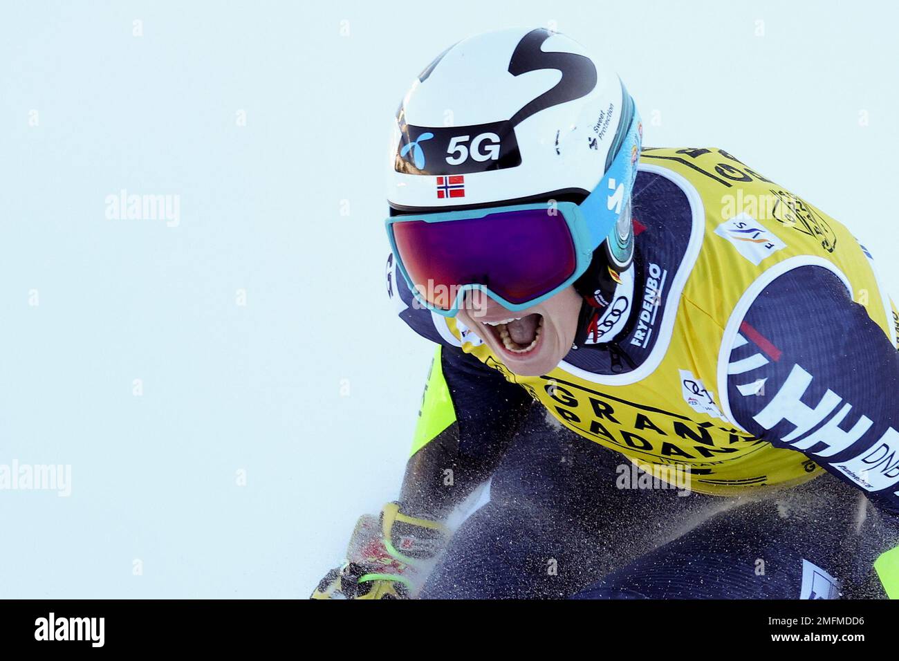 Norway's Ragnhild Mowinckel celebrates after completing an alpine ski ...