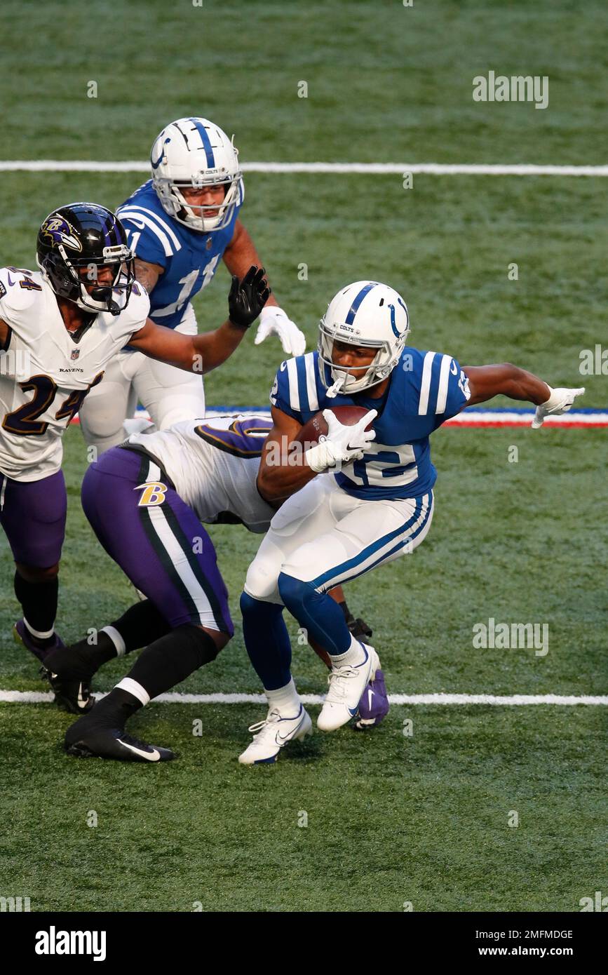 Indianapolis Colts DeMichael Harris runs with the ball after a catch ...