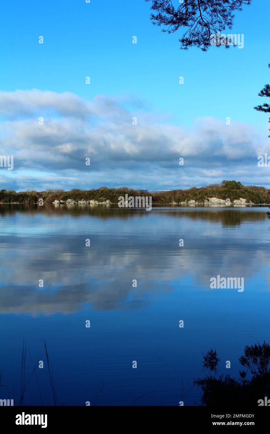 Gorgeous lake in Ireland. Sky reflected in a lake in winter. Still ...
