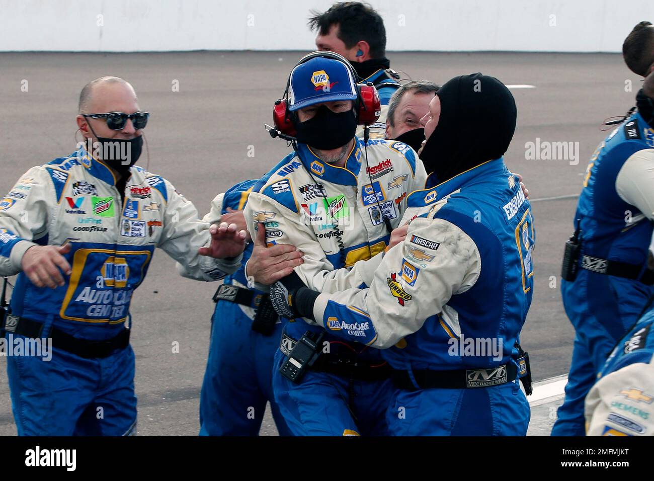 Crew Chief Alan Gustafson, center, celebrates with members of the pit ...
