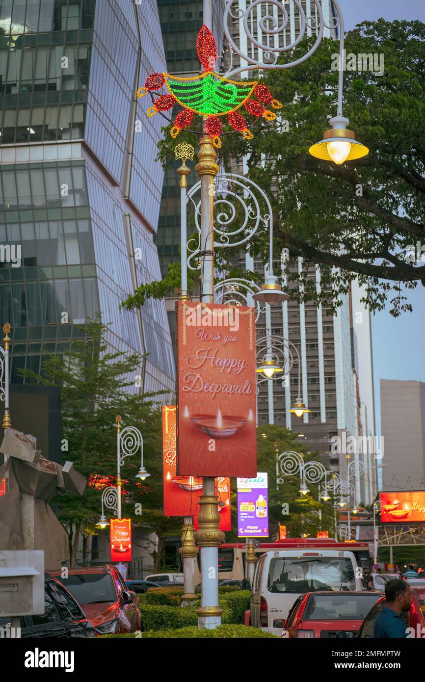 Brickfields, Malaysia - Oct 22, 2022 Deepavali advertisement glowing at ...