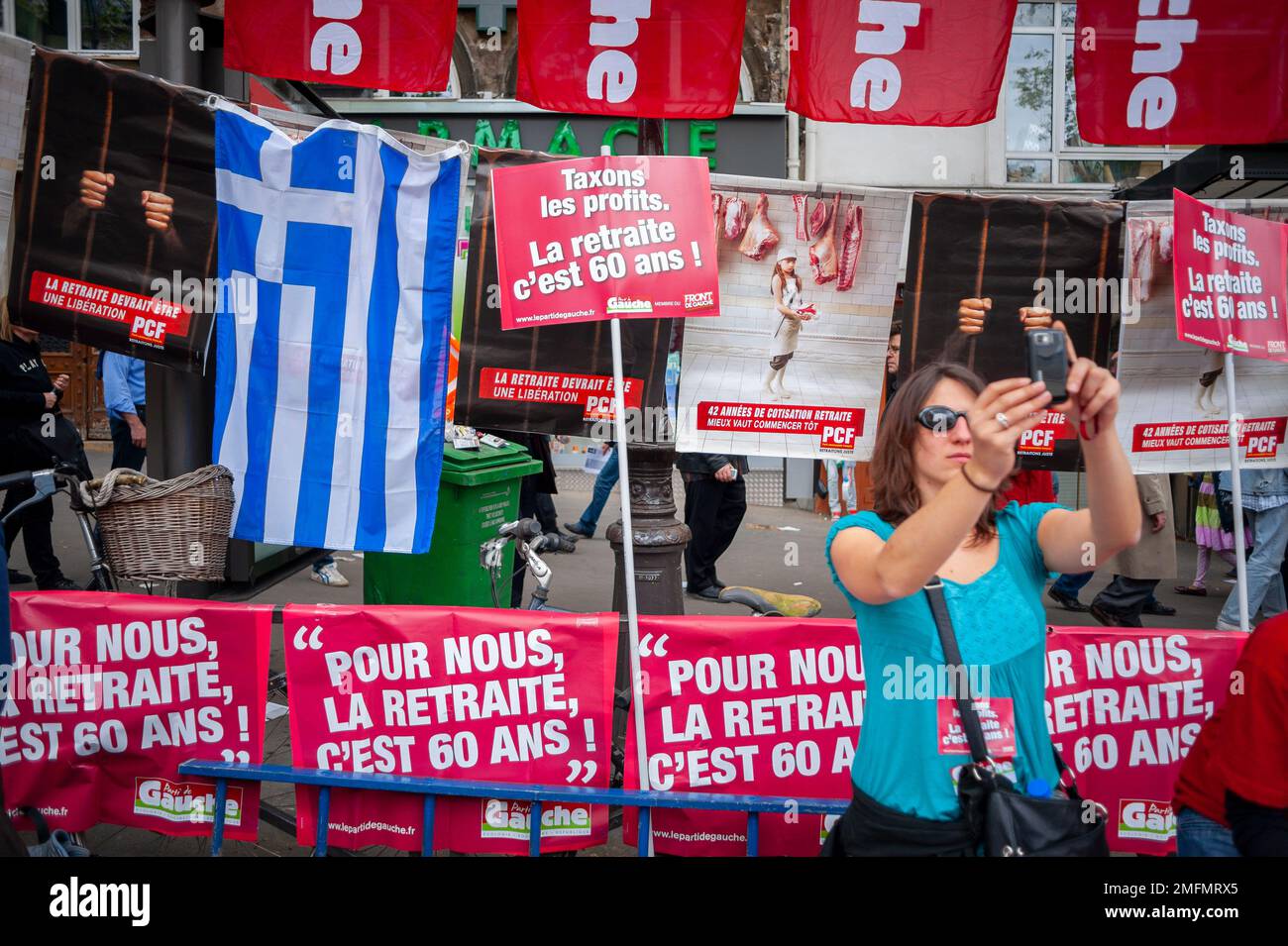 Paris, France, Left Political Party Protest Sign, "Retirement at 60 ...