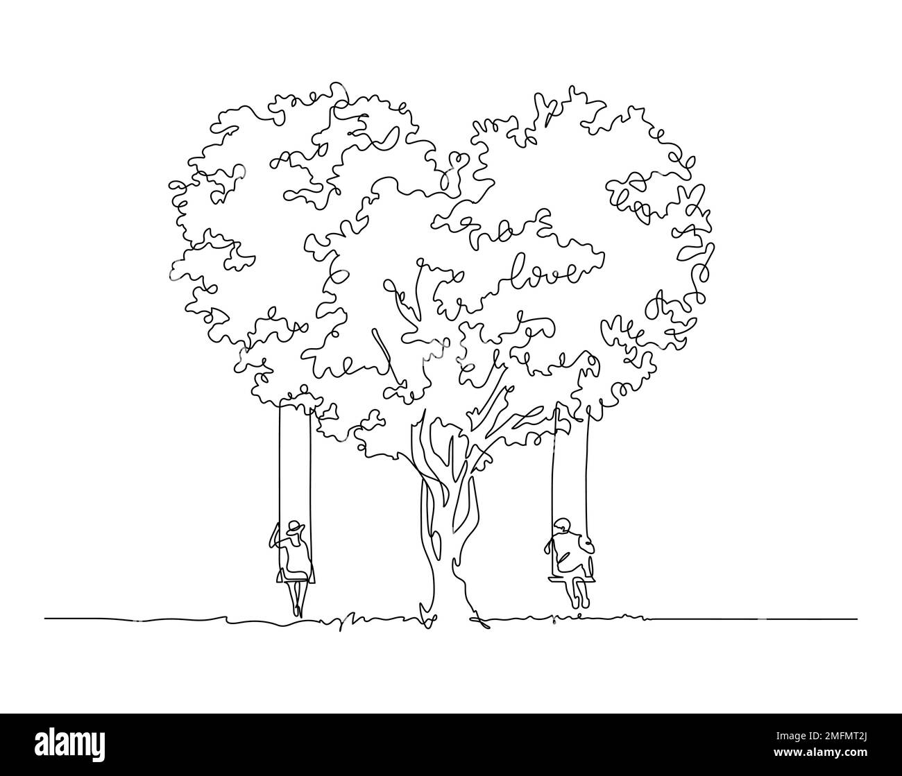 couple sitting on swing under heart shape tree romance scene in continuous line drawing style ...