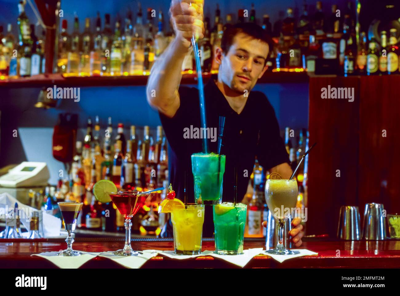 Paris, France, French Barman behind Bar Mixing Alcoholic Drinks ...