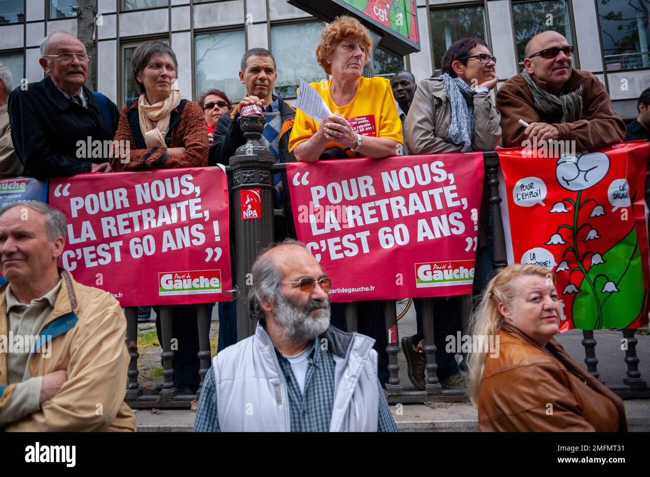 Paris, France, Left Political Party Protest Sign, "Retirement at 60 ...