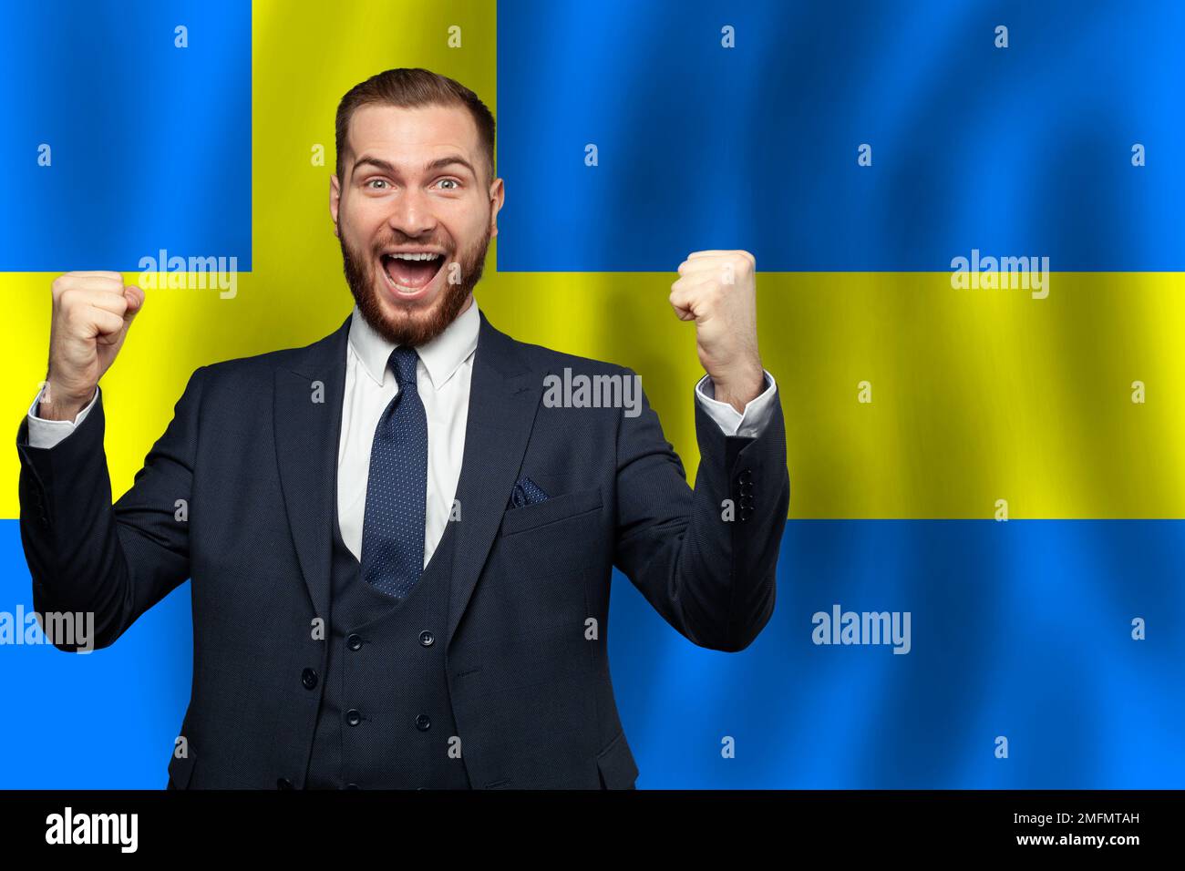 Swedish happy businessman on the background of flag of Sweden Business ...
