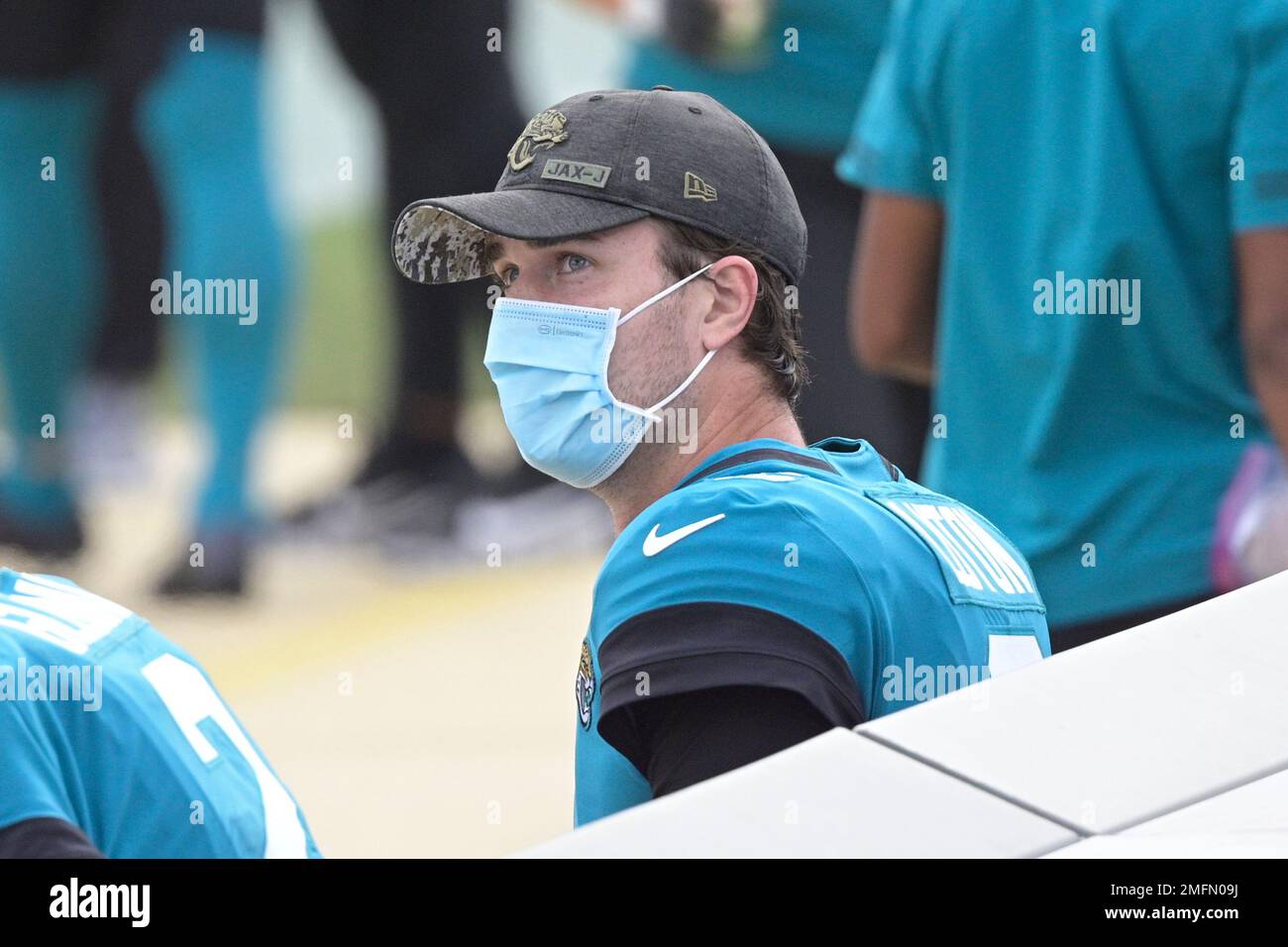 Jacksonville Jaguars quarterback Jake Luton looks up at the scoreboard ...