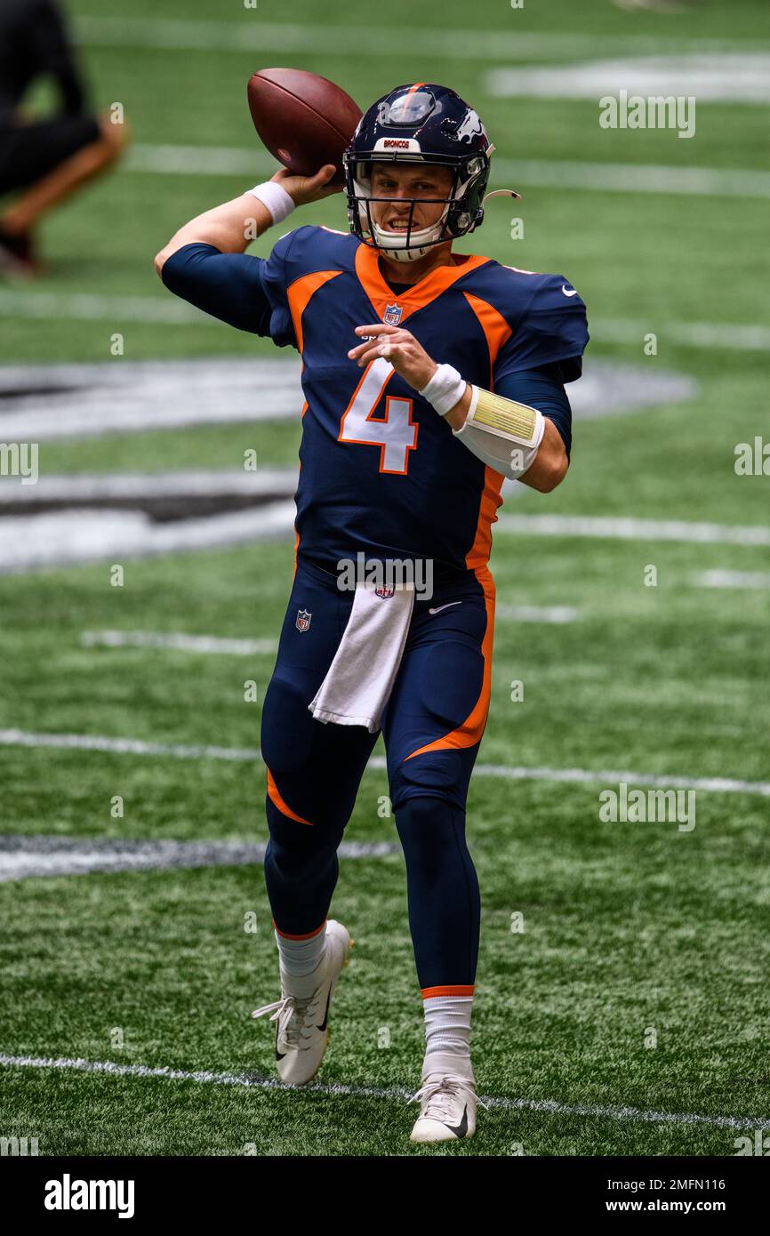 Denver Broncos quarterback Brett Rypien (4) before an NFL football game ...