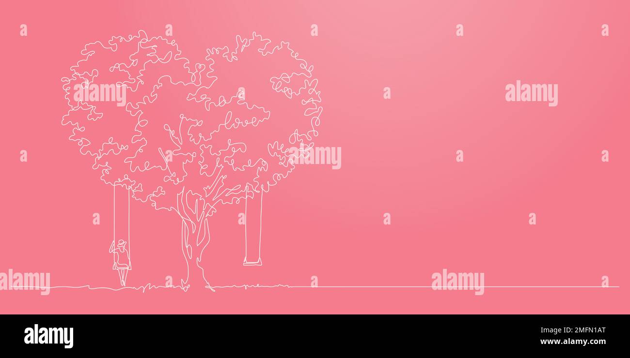 woman sitting on a swing under the heart shape tree continuous line ...