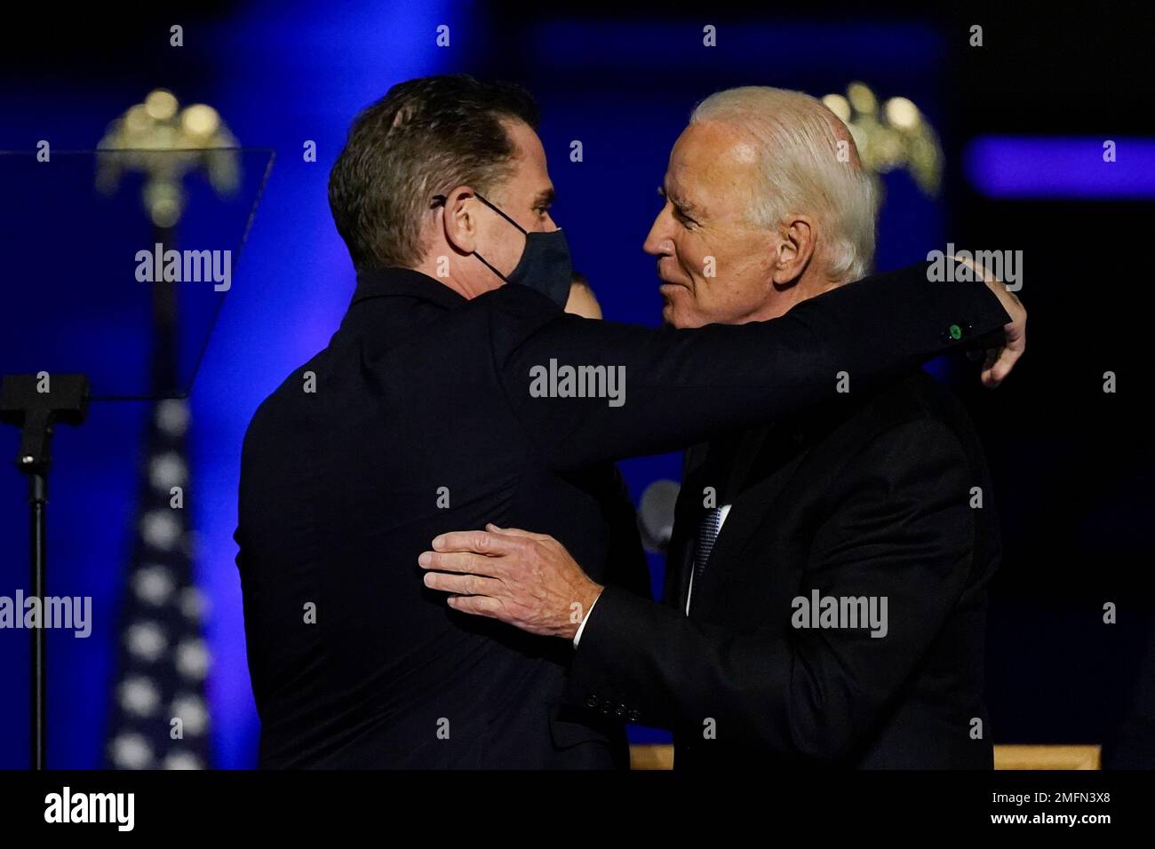 President-elect Joe Biden hugs his son Hunter Biden on stage Saturday ...