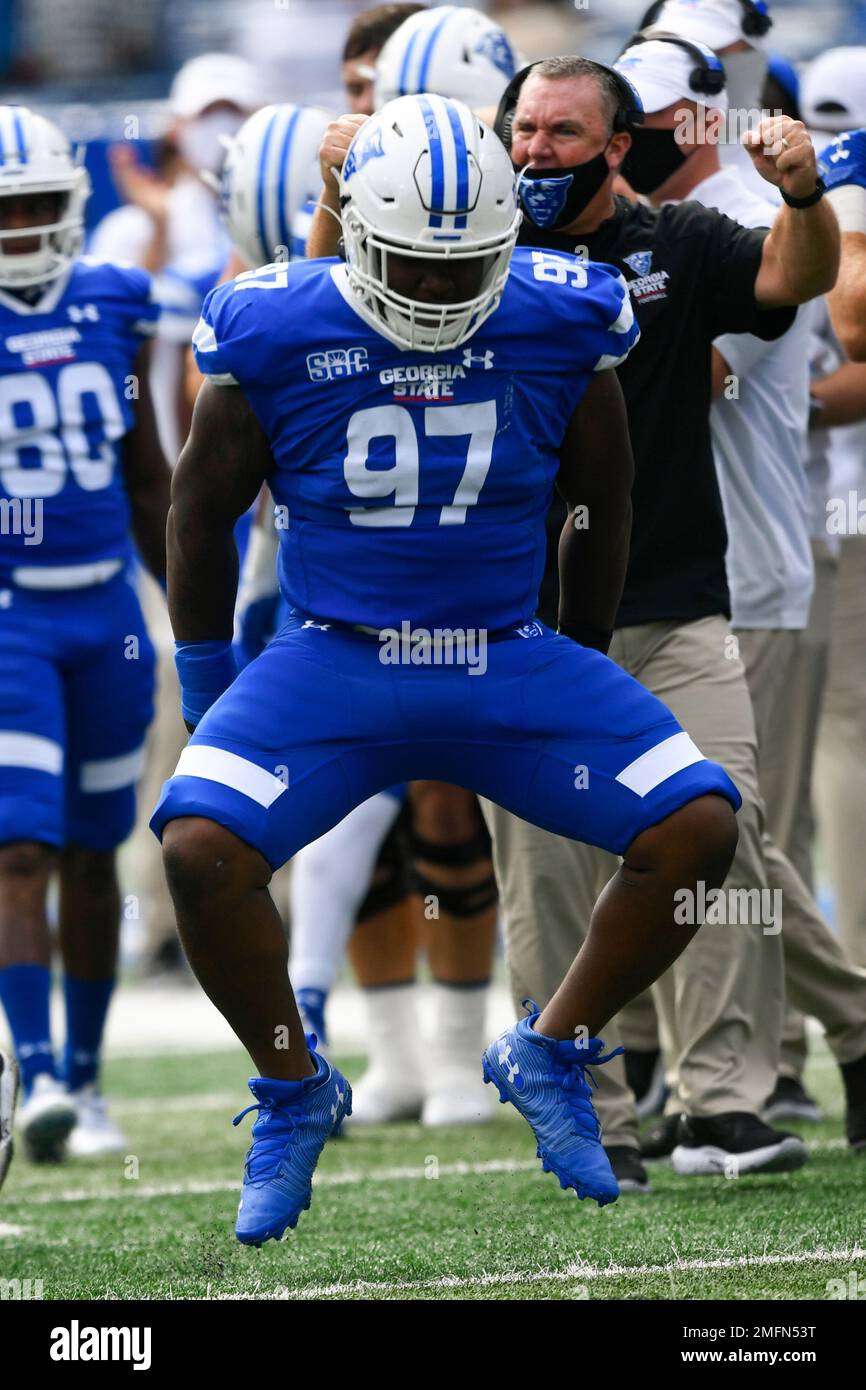 Georgia State defensive lineman Akeem Smith celebrates a sack of ...