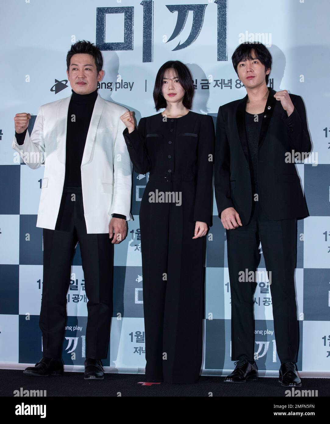 (L to R) South Korean actors Heo Seong-tae, Lee Elijah and Jang Geun-seok attend the photocall ...