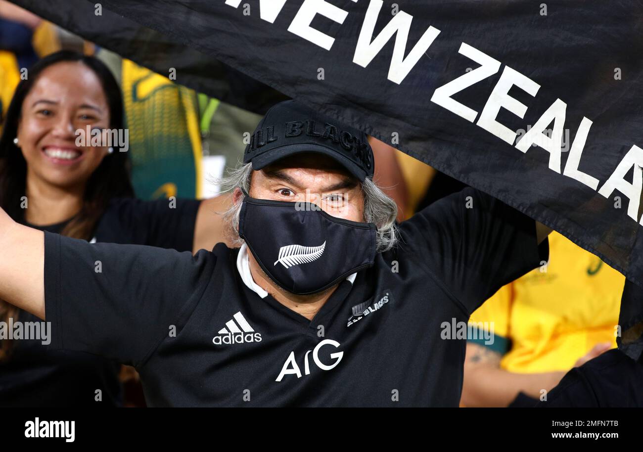 An All Blacks fan gestures during the Bledisloe rugby test between ...