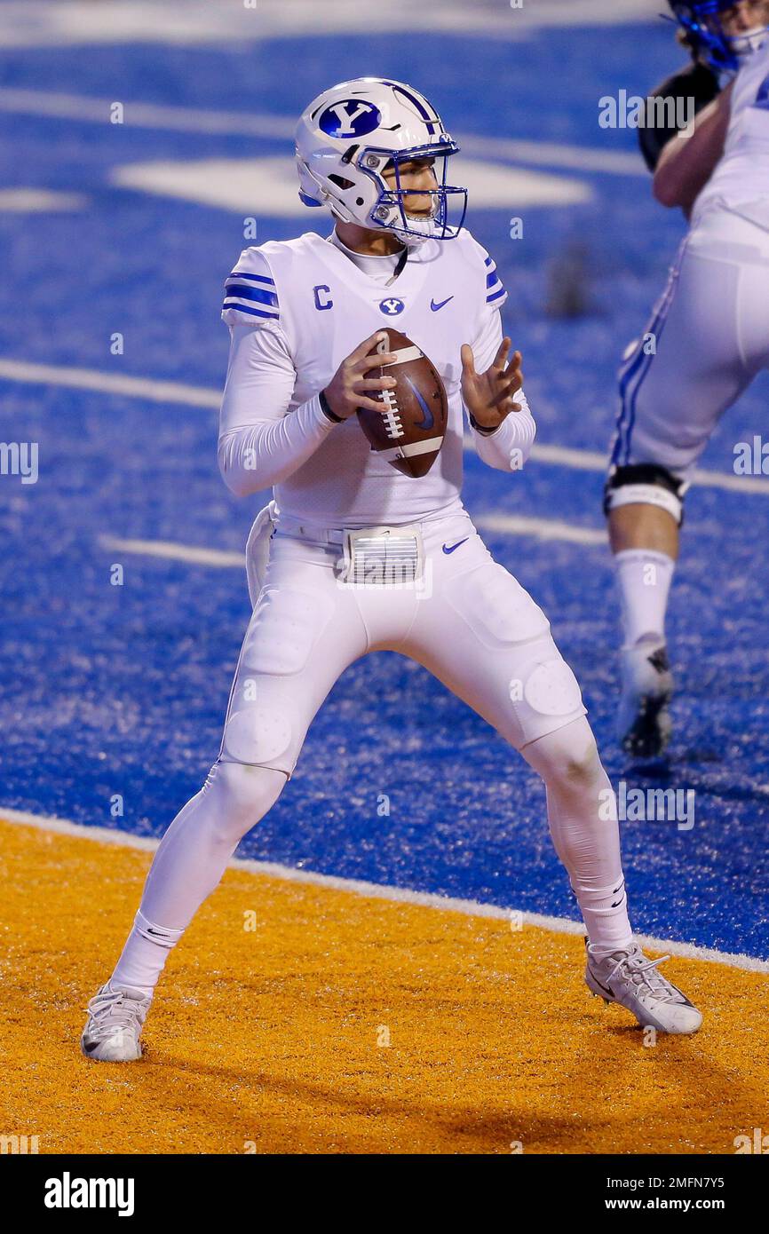 BYU quarterback Zach Wilson (1) looks for a receiver during the first ...