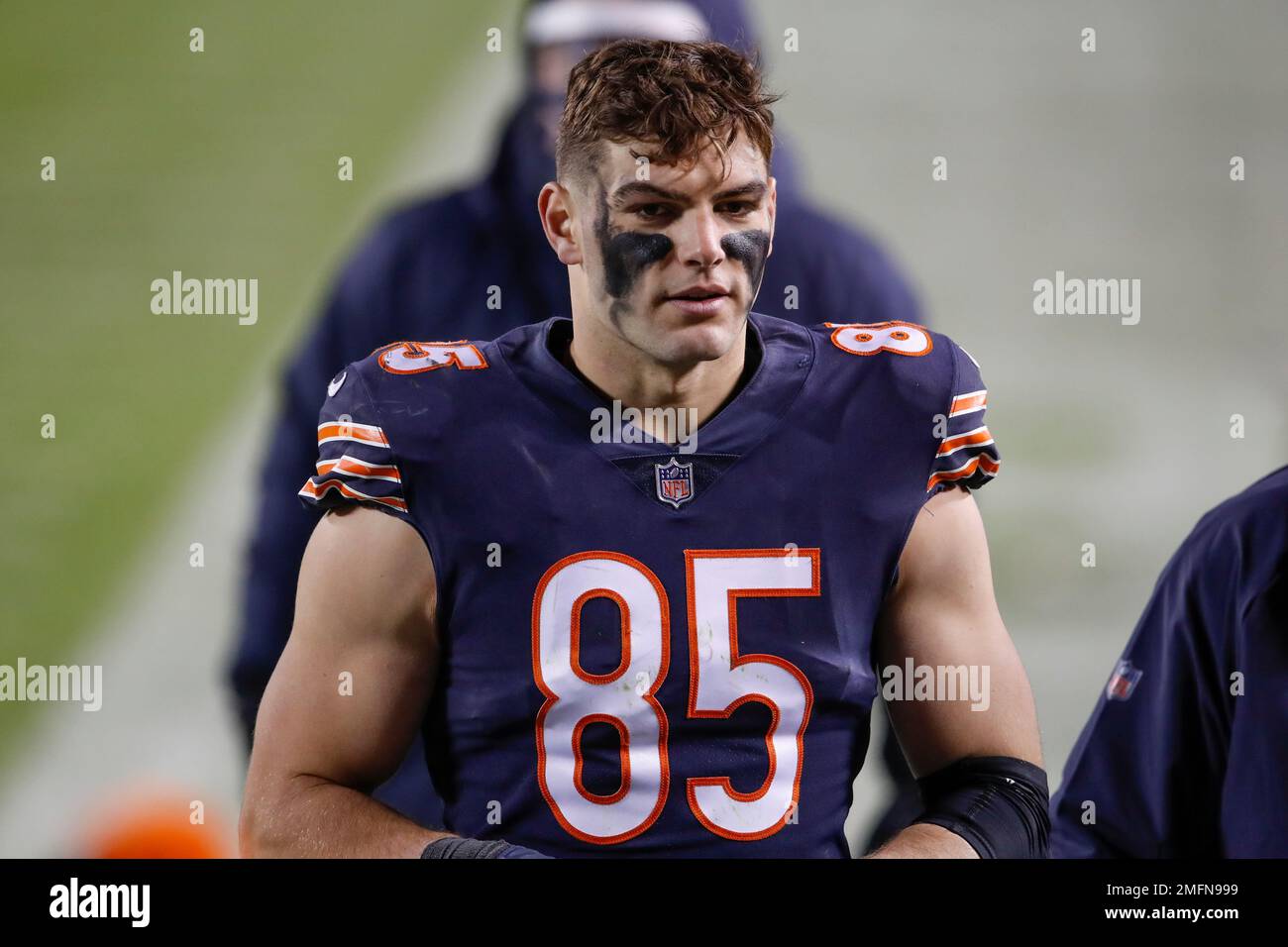Chicago Bears tight end Cole Kmet (85) walks off the field after an NFL ...