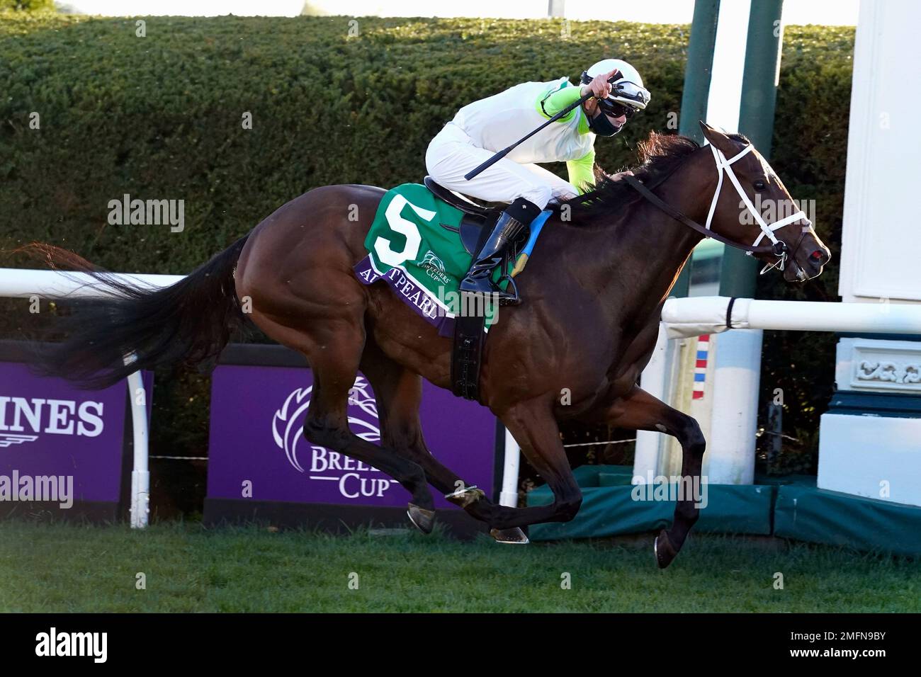 Jockey Florent Geroux, aboard Aunt Pearl, reacts as they win the ...