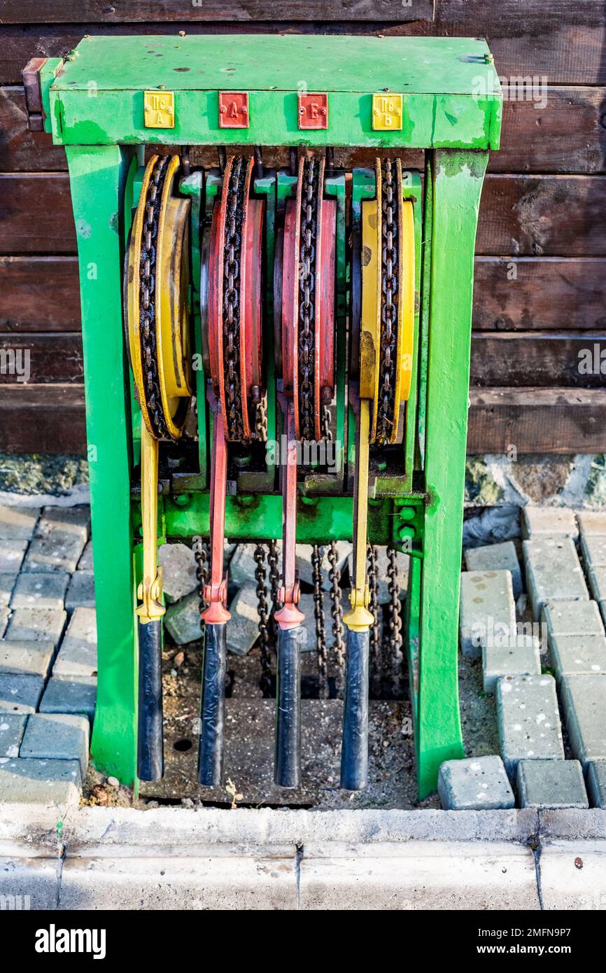 Old metallic handles of railroad control handles, colorfully painted in ...